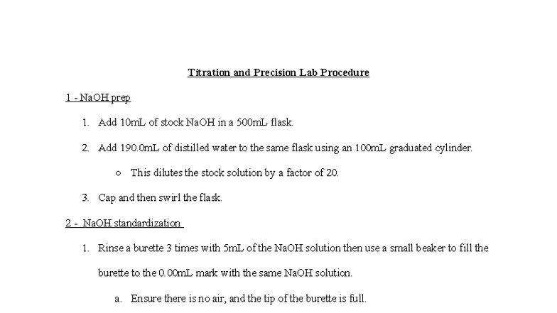 Titration and Precision Lab Procedure: NaOH Standardization Guide - Studocu