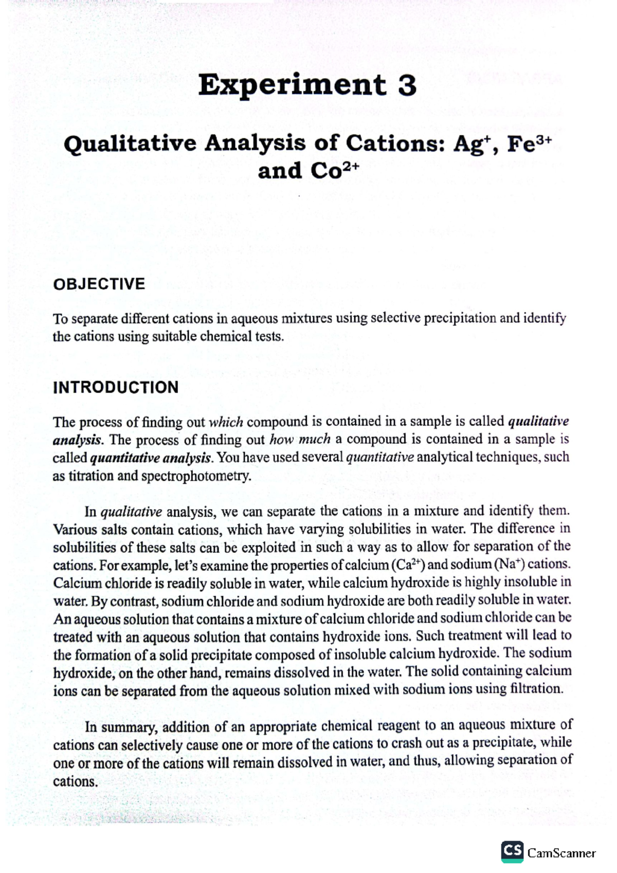 Experiment 3 - CHM361: Qualitative Analysis & Separation of Cations ...