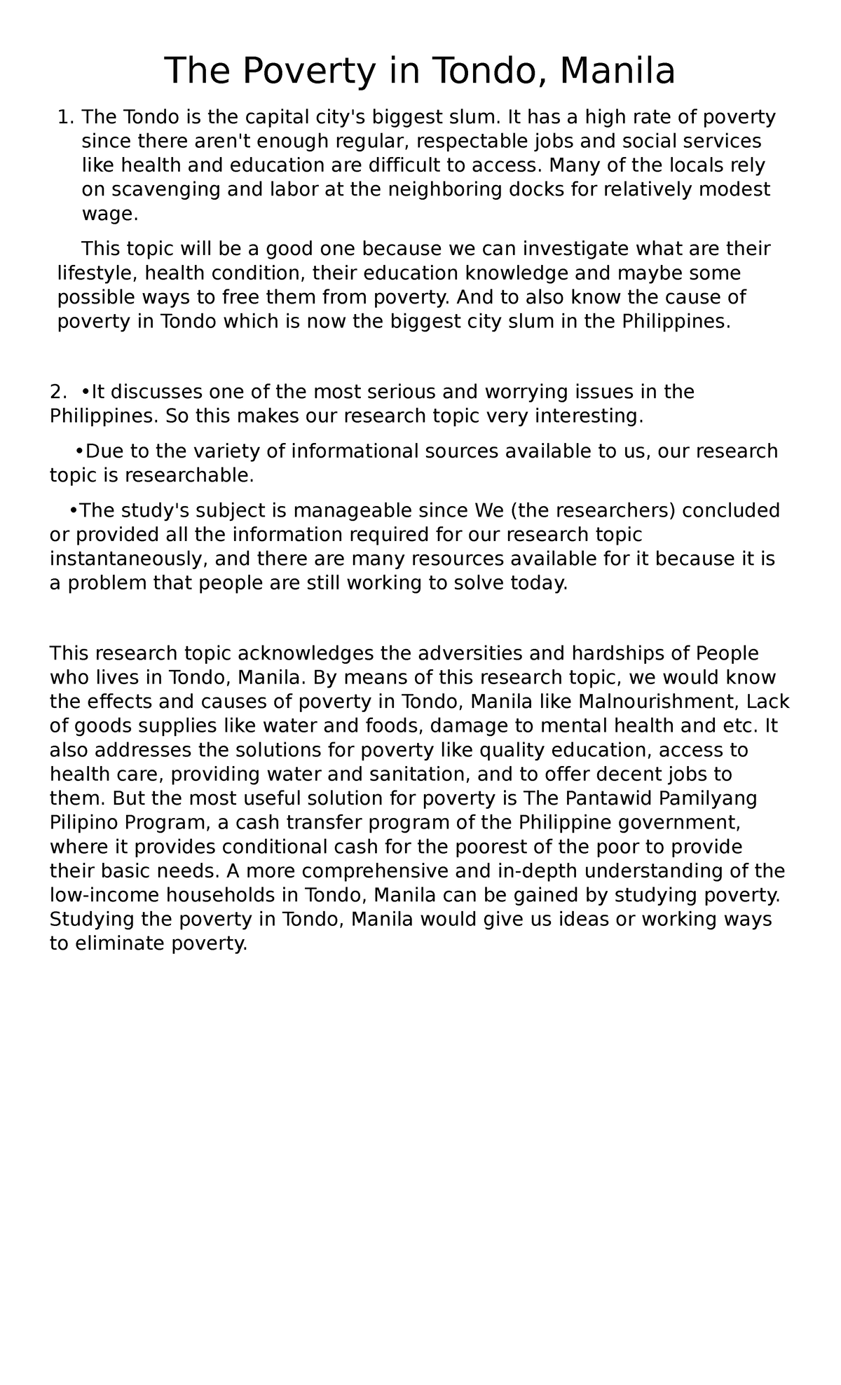 Poverty in Tondo: A Comprehensive Research Study on Solutions - Studocu