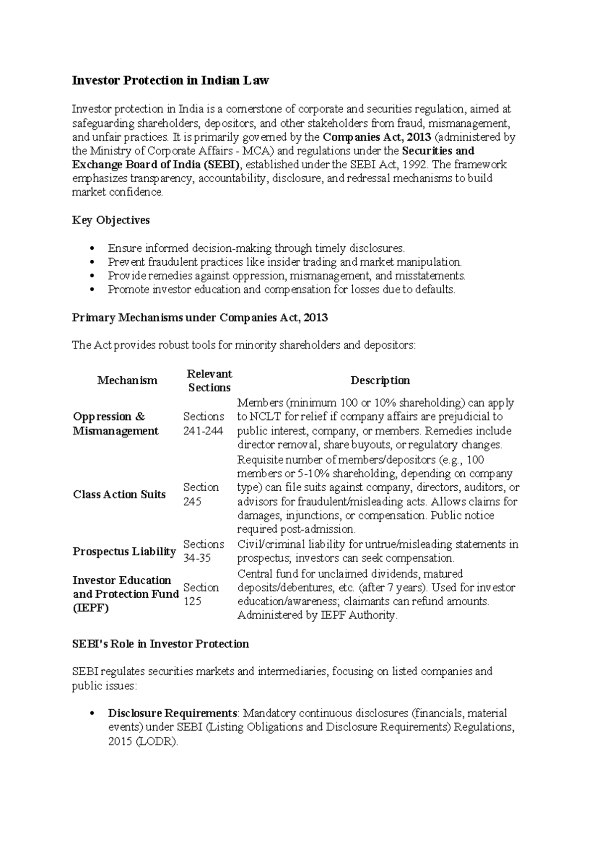 Investor Protection in Indian Law: Key Mechanisms and Regulations - Studocu