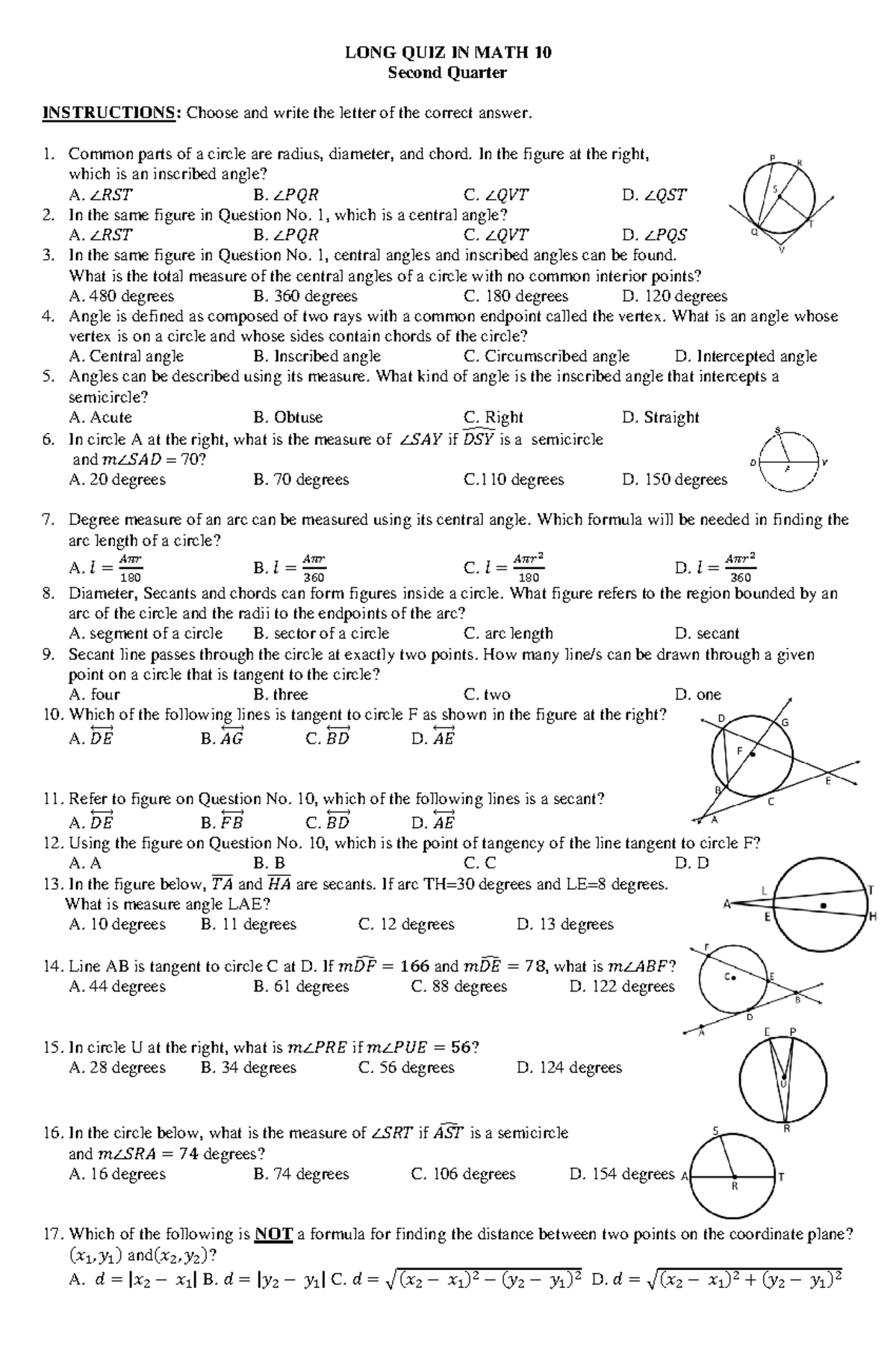 Long-quiz-in-math-10-2nd-quarter - LONG QUIZ IN MATH 10 Second Quarter ...