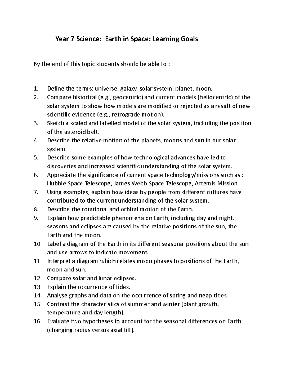 Year 7 Science: Earth in Space Learning Goals & Key Concepts - Studocu