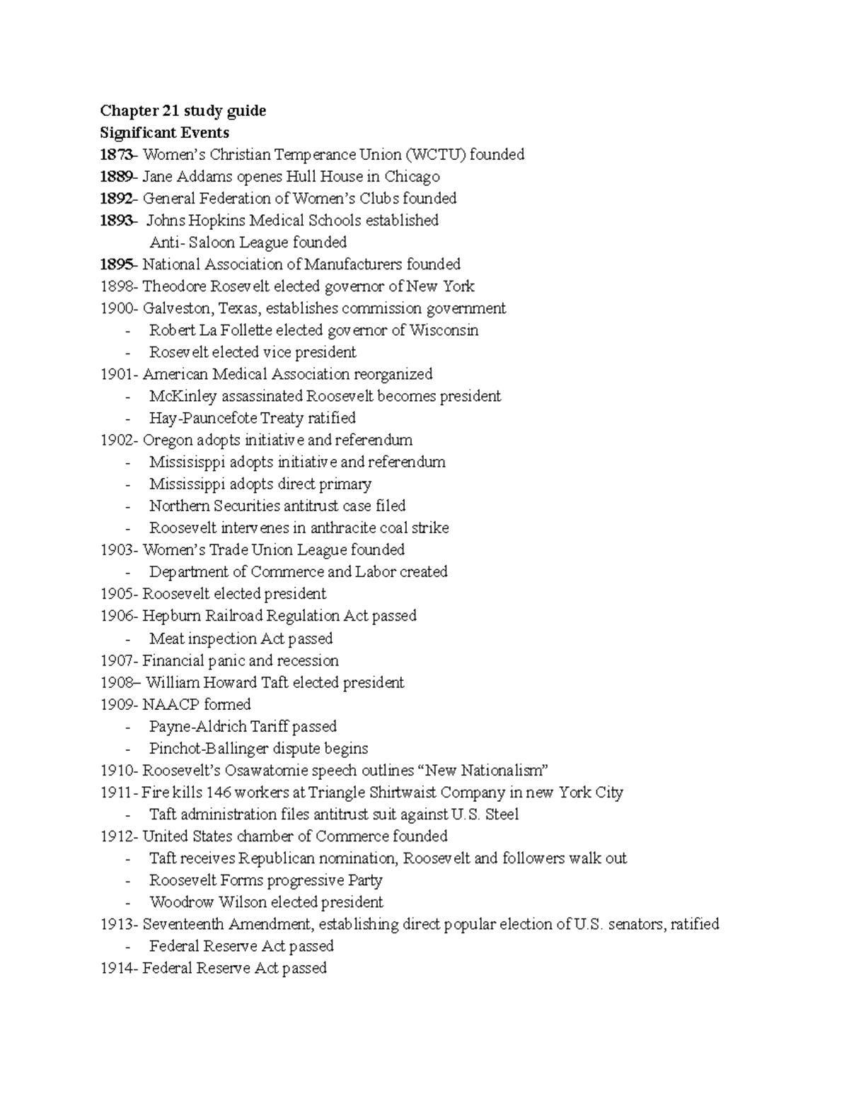 US History 101: Progressive Movement Chapter 21 Study Guide - Studocu