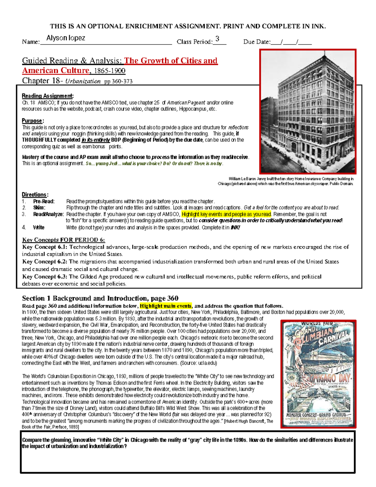 Amsco APUSH Ch. 18 Guided Reading: Urbanization & American Culture ...