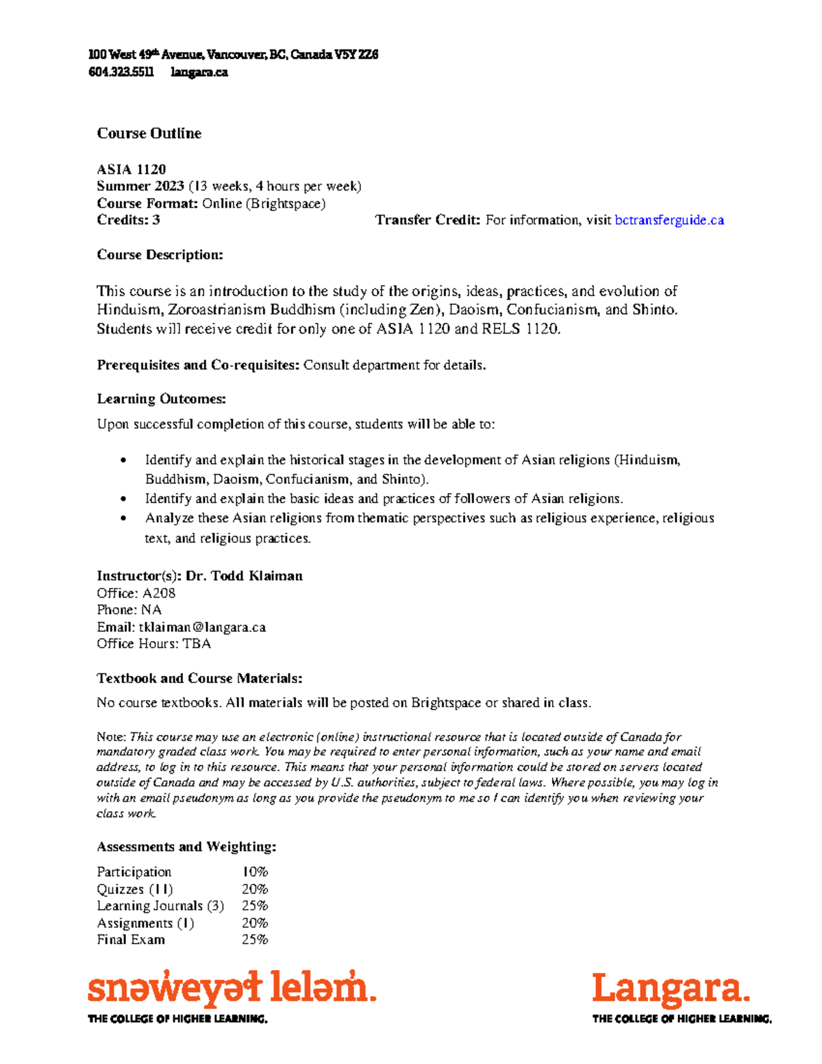 ASIA 1120 Course Outline: Introduction to Asian Religions (Summer 2023 ...
