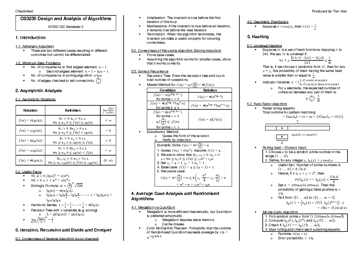 NUS-CS3230-Midterm Exam Cheatsheet by Tian Xiao - Studocu