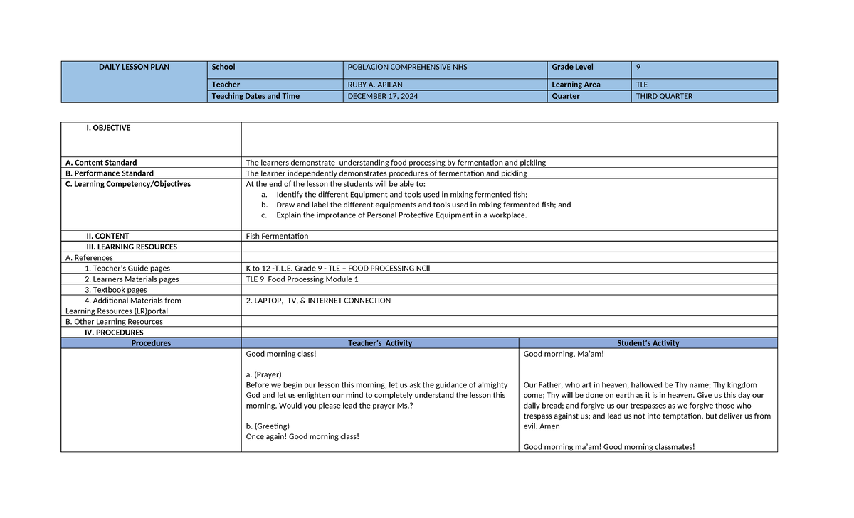 COT3. Apilan Final - Grade 9 TLE Daily Lesson Plan on Fish Fermentation - Studocu