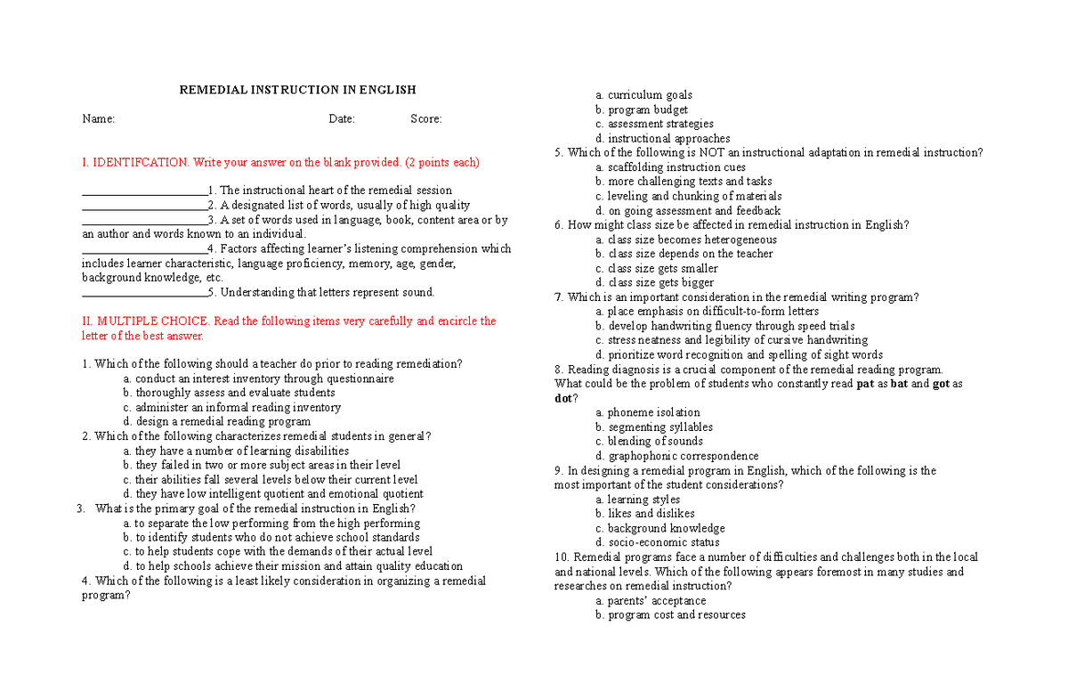 Remedial instruction in Teaching English - REMEDIAL INSTRUCTION IN ...