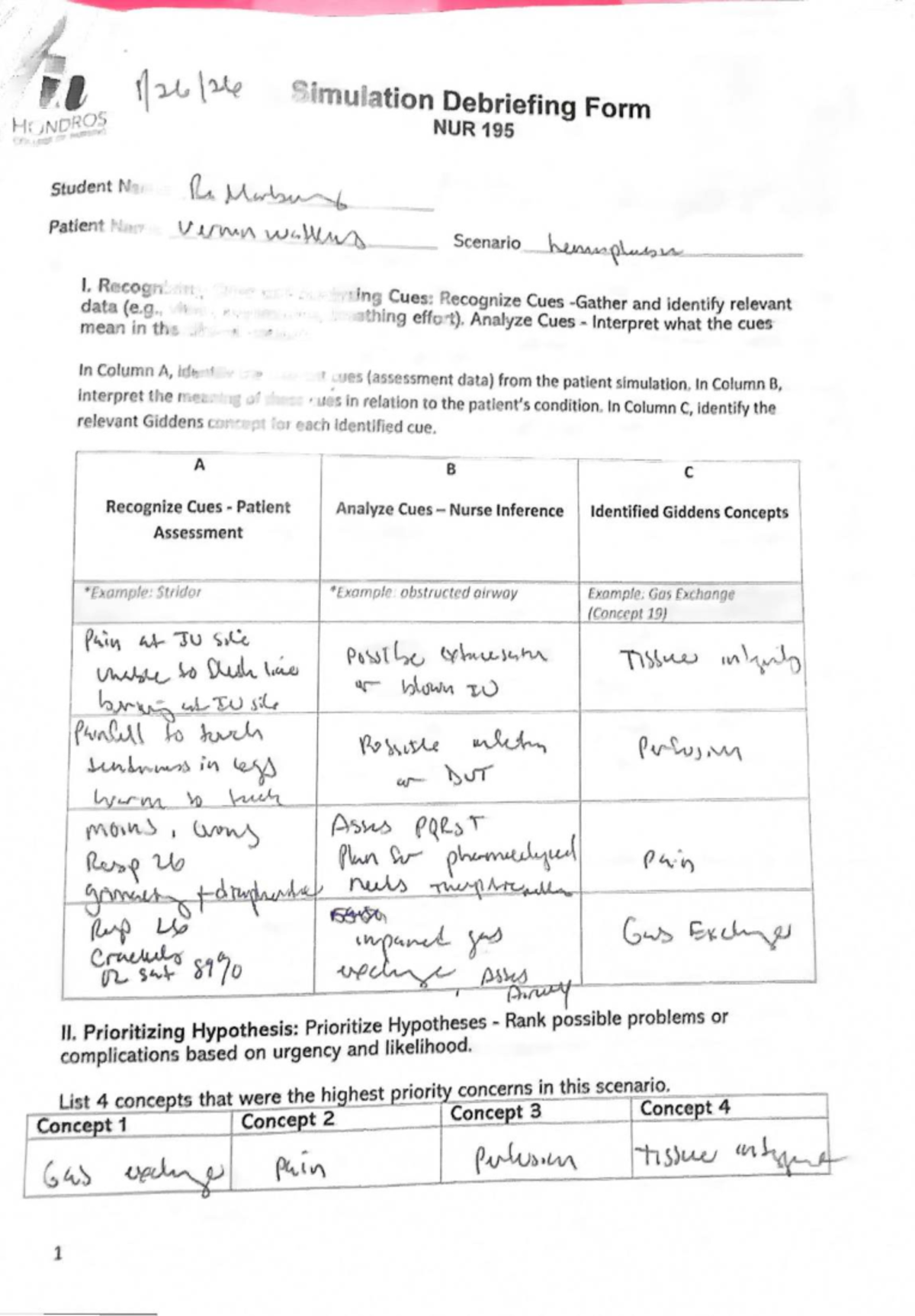 Simulation Debriefing Form HONDROS NUR 195 B: Patient Care Analysis ...