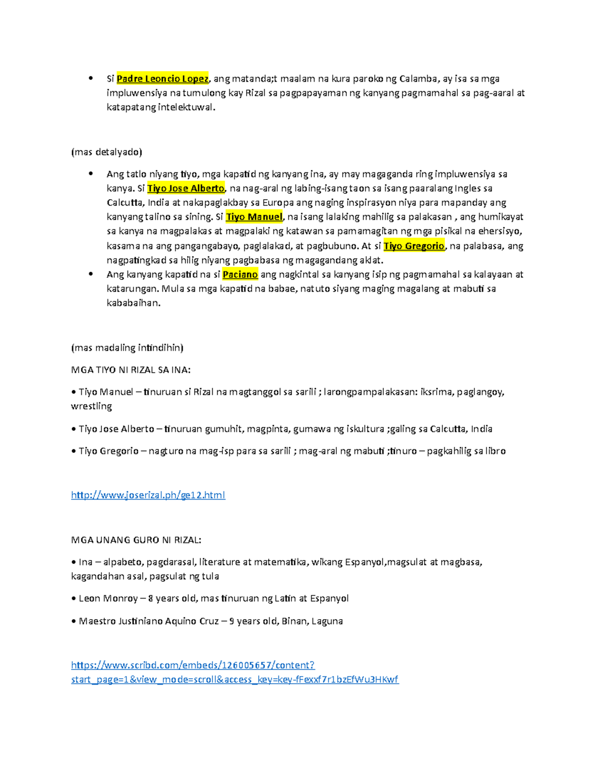 Mga Impluwensiya sa Buhay at mga Guro ni Rizal: Isang Pagsusuri - Studocu