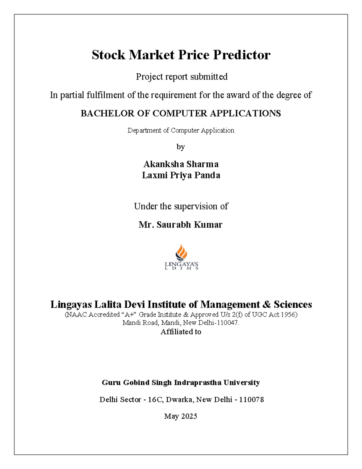 Stock Market Price Predictor Project Report - BCA Major Project - Studocu