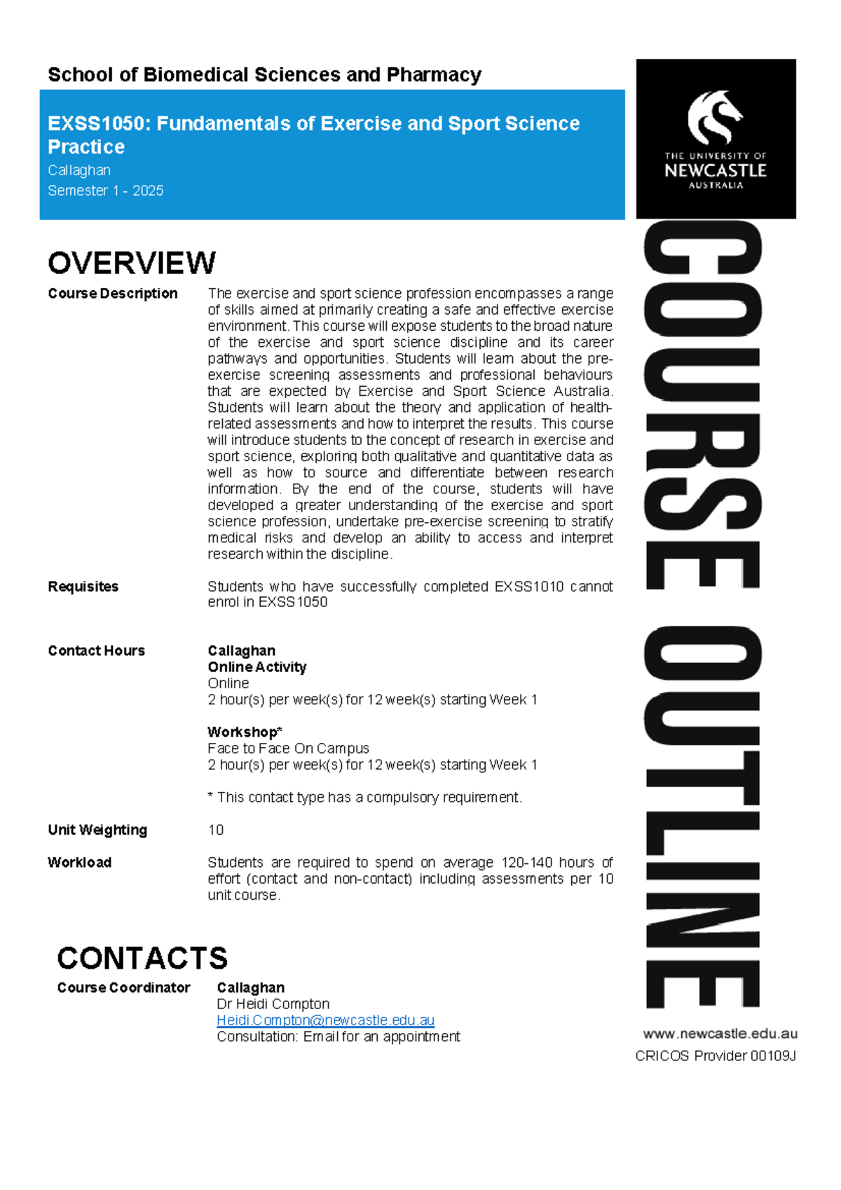 EXSS1050 Sem 1 2025 Course Outline & Learning Objectives - Studocu