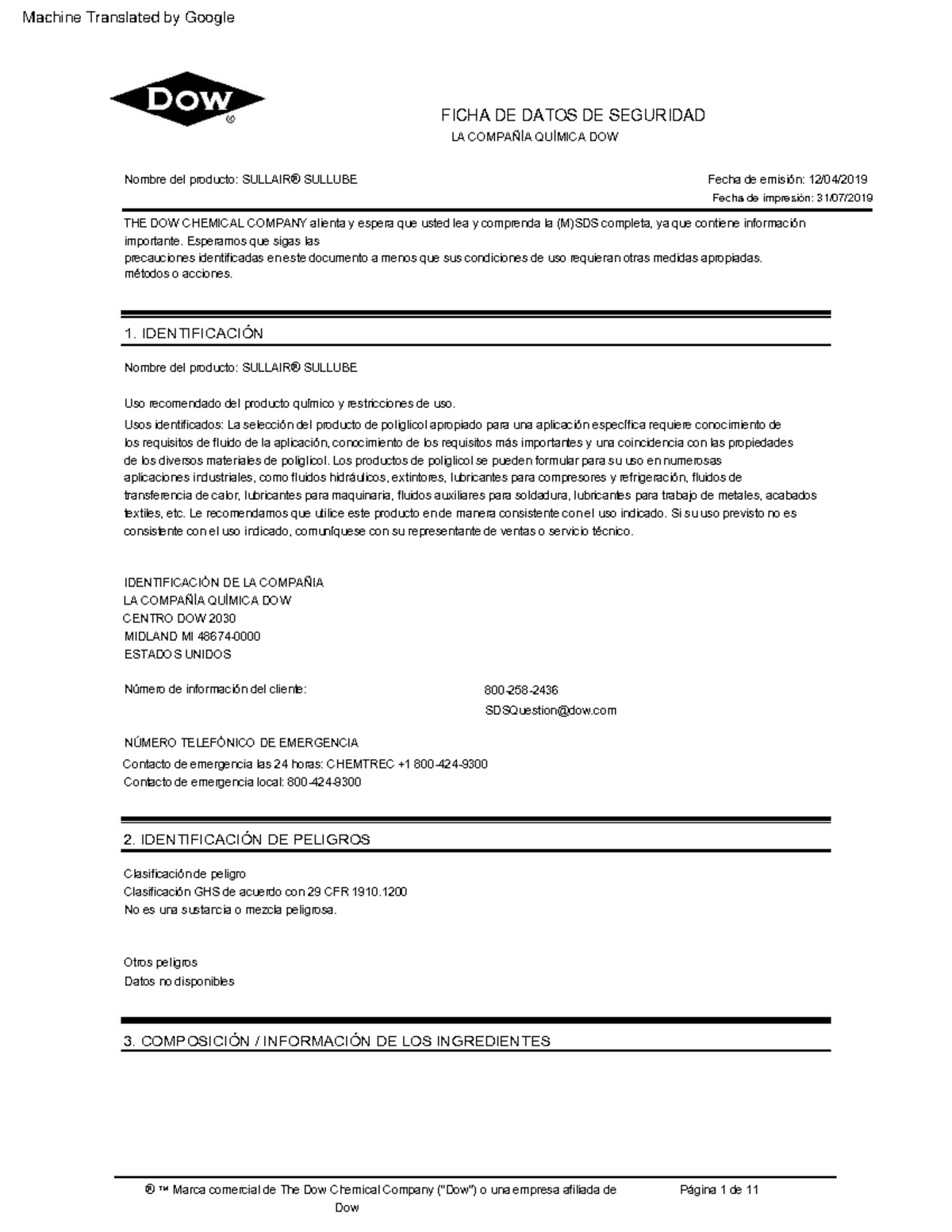 Hoja de Seguridad de SULLAIR® SULLUBE (Clave: SDS 12/04) - Studocu