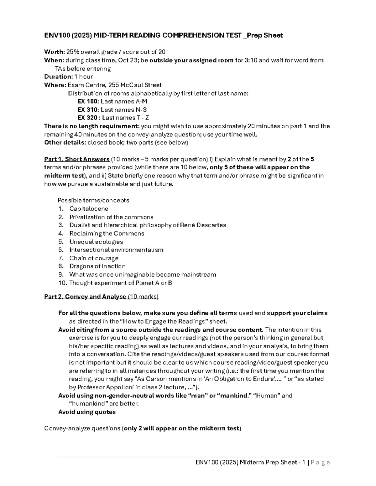 ENV100 (2025) Midterm Reading Comprehension Test Prep Sheet - Studocu