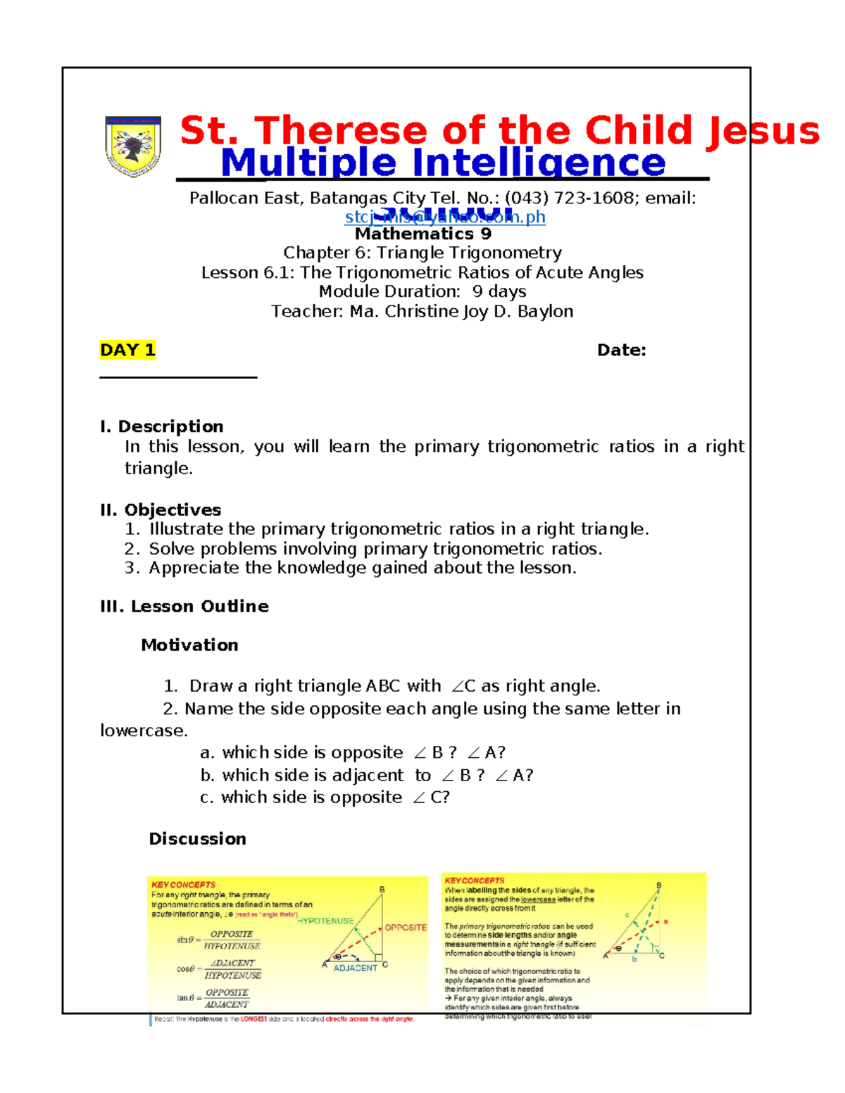 The Trigonometric Ratios of Acute Angles - Christine Joy D. Baylon DAY ...
