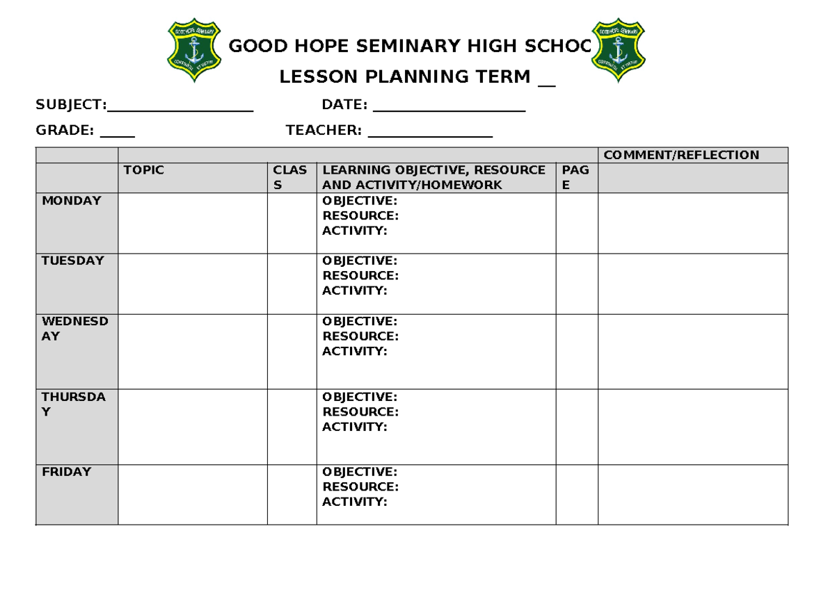 Staff weekly plan register - GOOD HOPE SEMINARY HIGH SCHOOL LESSON ...