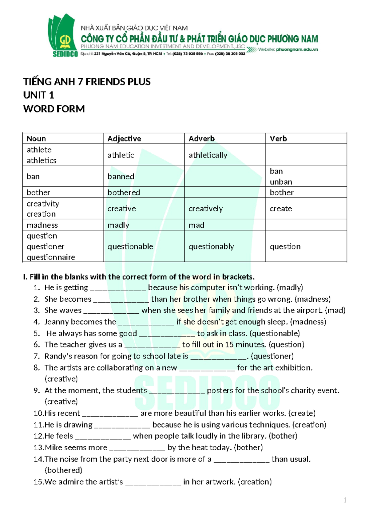 Tiếng Anh 7 Friends Plus - Word Form Exercise Answers - Unit 1 - Studocu