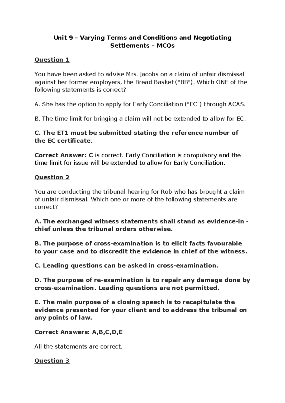 Unit 9 - EL - MCQs - Employment Law and Unfair Dismissal Questions ...