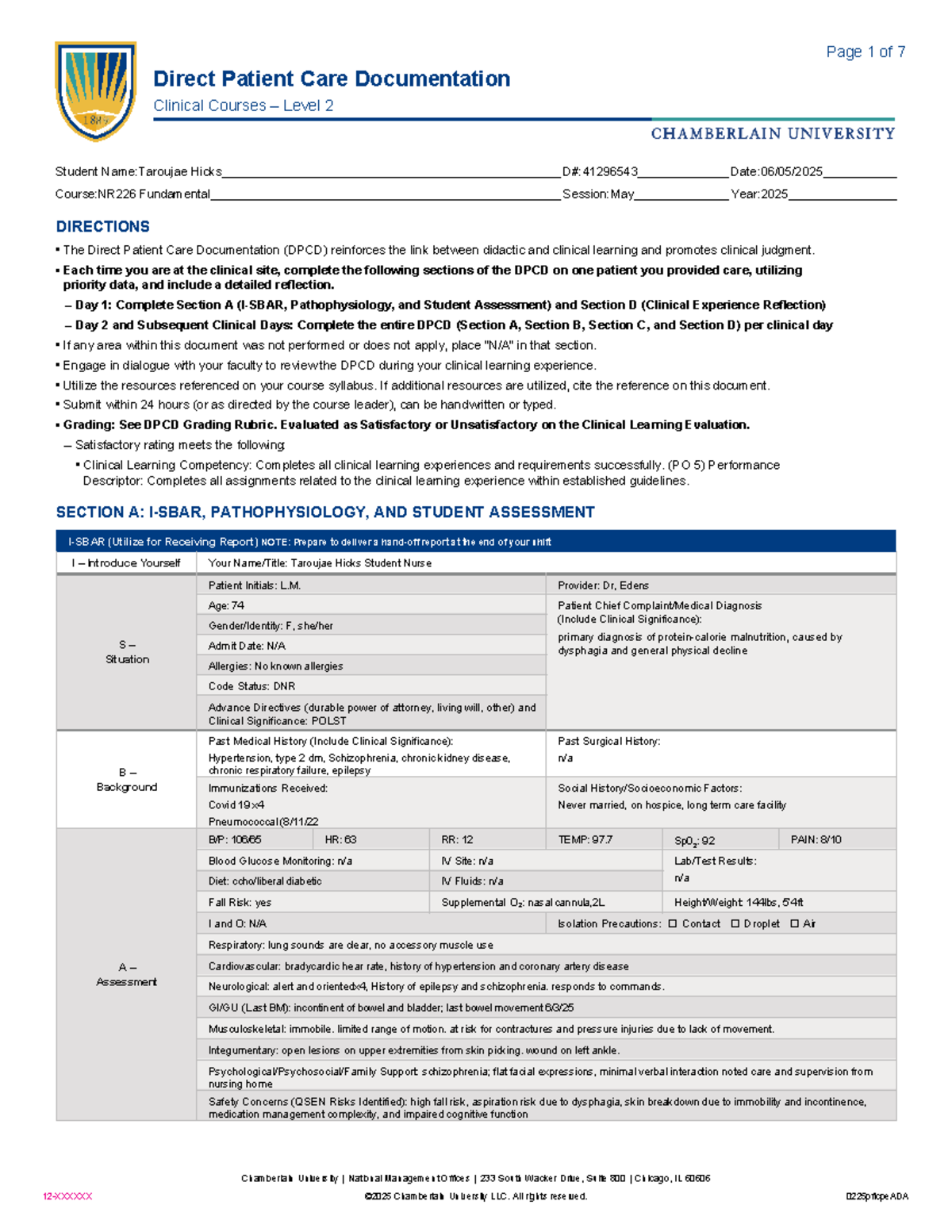 Level 2 NR226 Direct Patient Care Documentation: Week 1 Patient Care ...