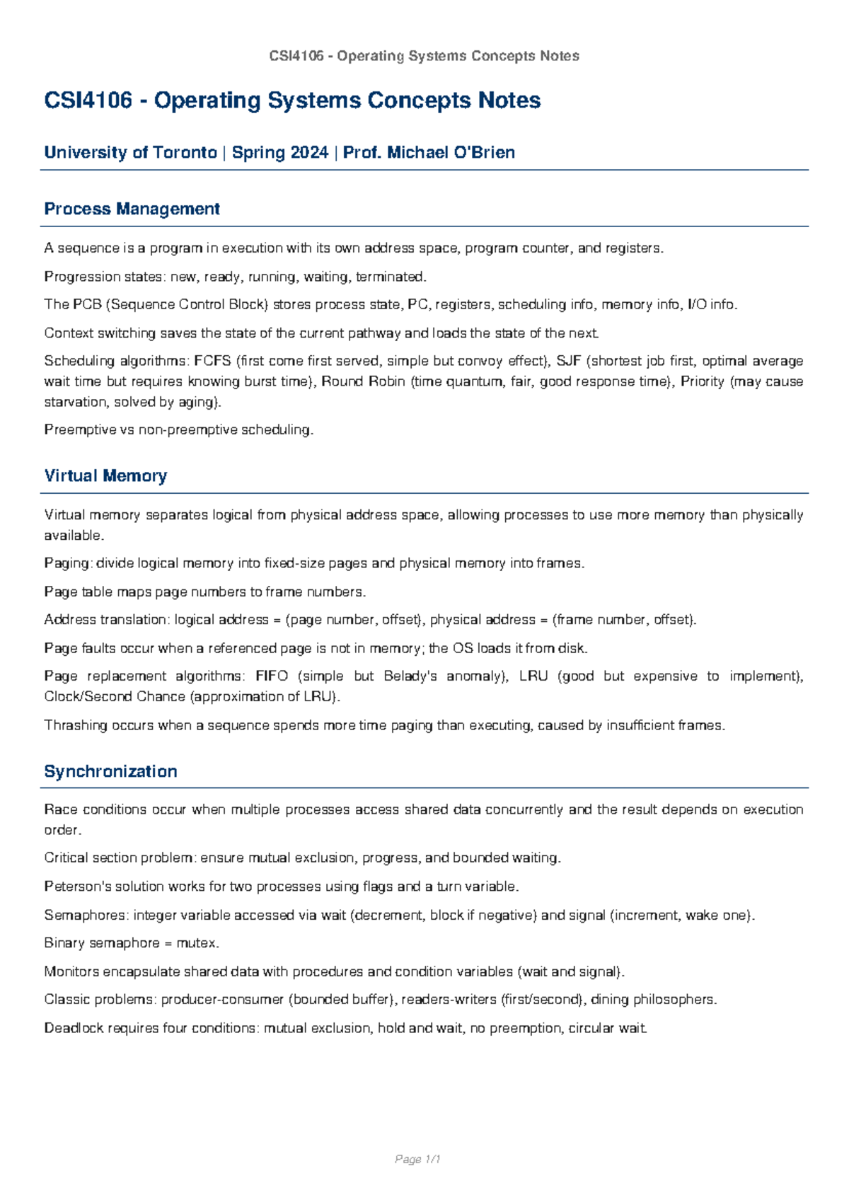CSI4106 Final Exam Study Notes on Operating Systems Concepts - Studocu