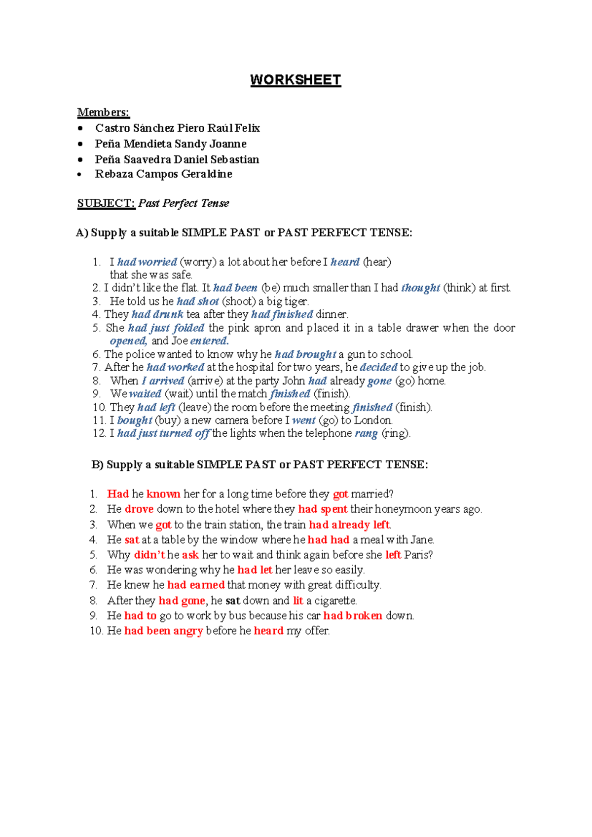 Past Perfect Tense Worksheet: Exercises and Answers - Studocu
