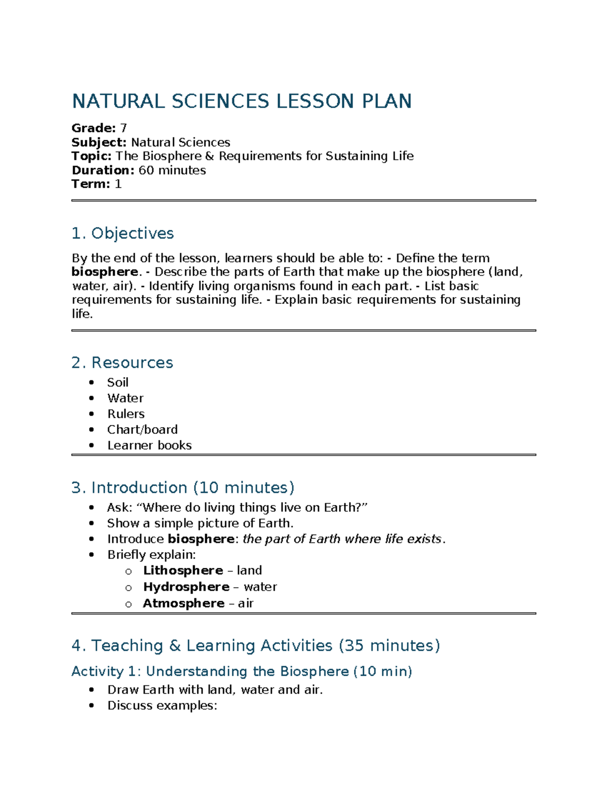 NS Grade 7 Lesson Plan: The Biosphere & Life Sustainability - Studocu