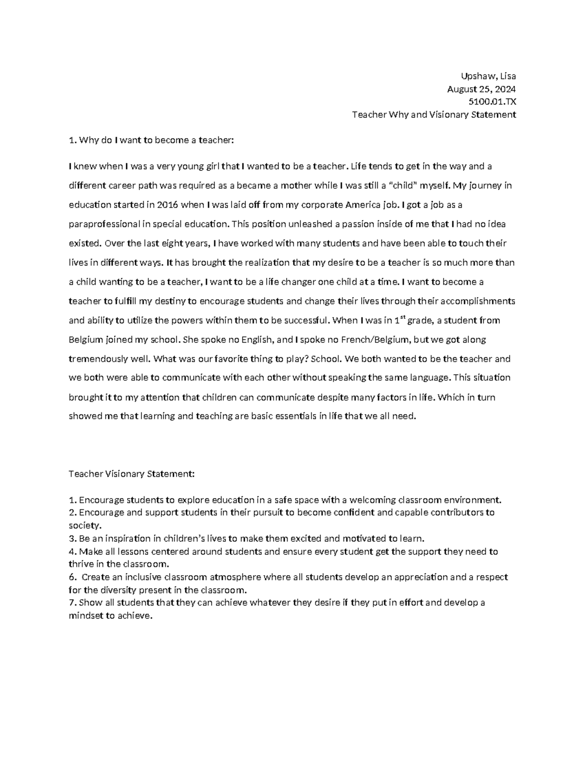 Teacher Why and Visionary Statement: Inspiring Future Educators 5100 ...