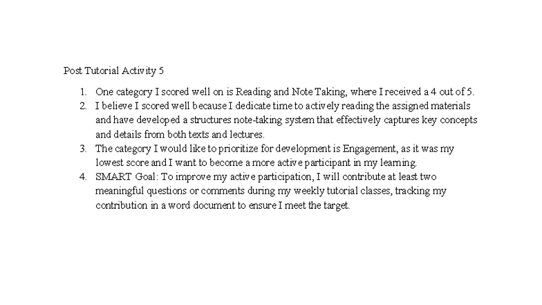 Post Tutorial Activity 5: Reflection & SMART Goals for Engagement - Studocu