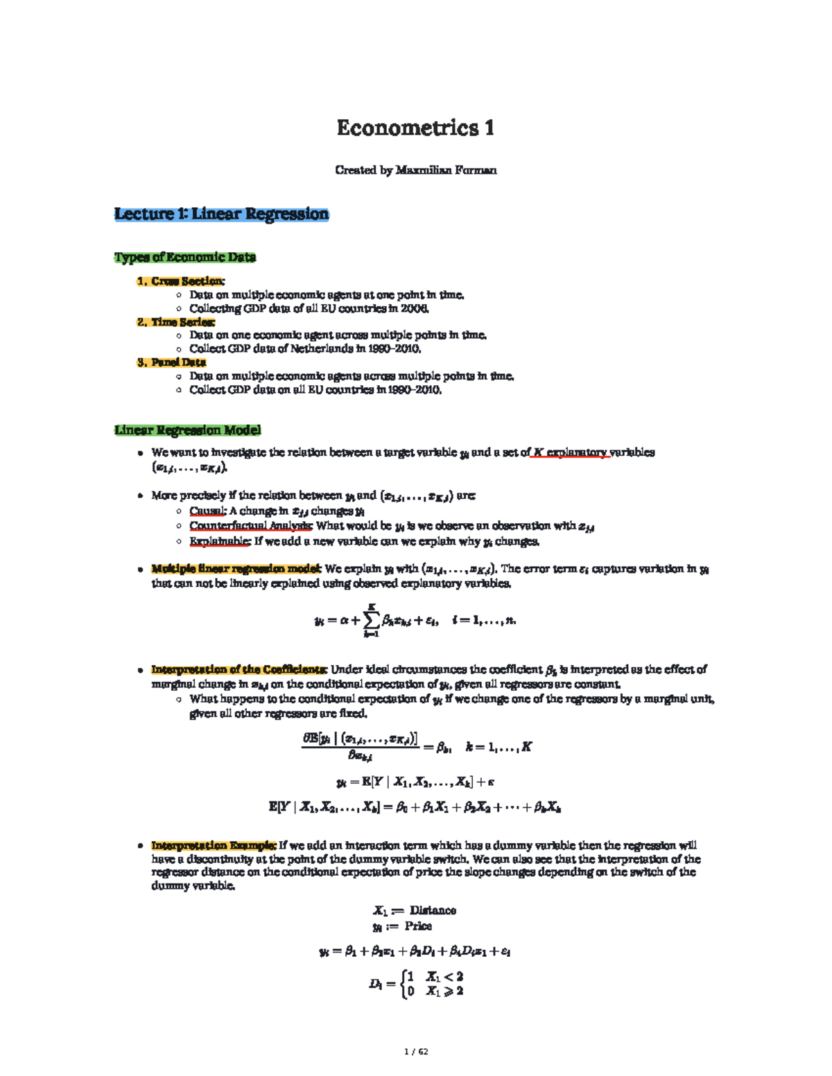 Econometrics 1: Summary of Linear Regression Models and Data Types ...