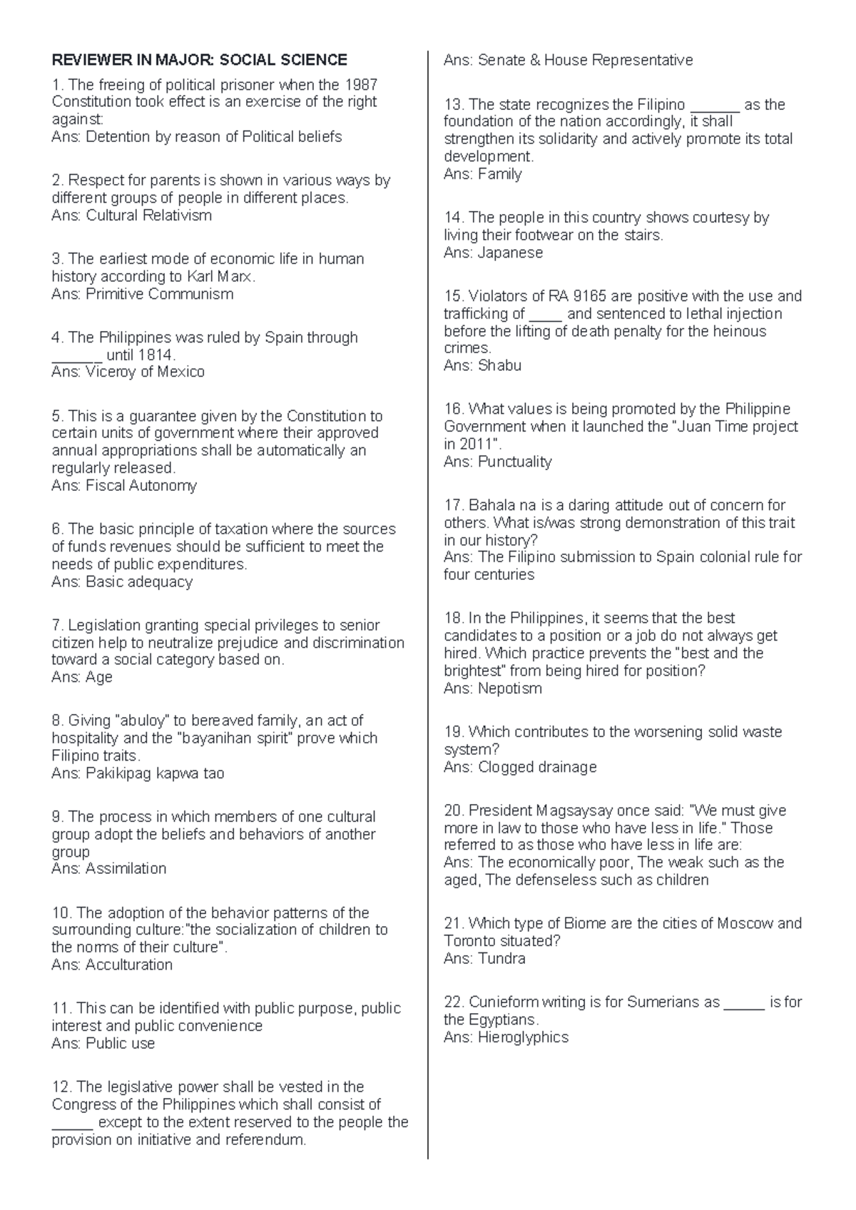 REVIEWER IN MAJOR: SOCIAL SCIENCE 1 - Key Concepts and Answers - Studocu