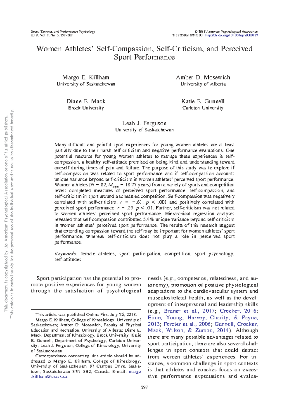 Women Athletes and Self-Compassion: Impact on Perceived Sport ...