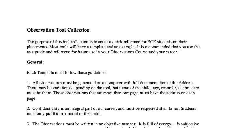 ECE Observation Tool Collection: Templates & Guidelines - Studocu