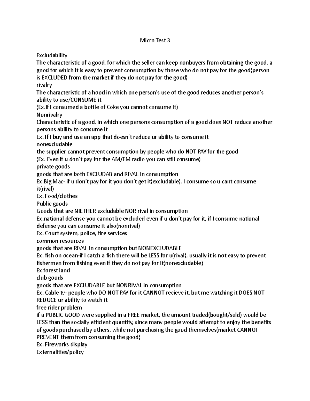 Microeconomics Test 3: Key Concepts and Public Goods Overview - Studocu