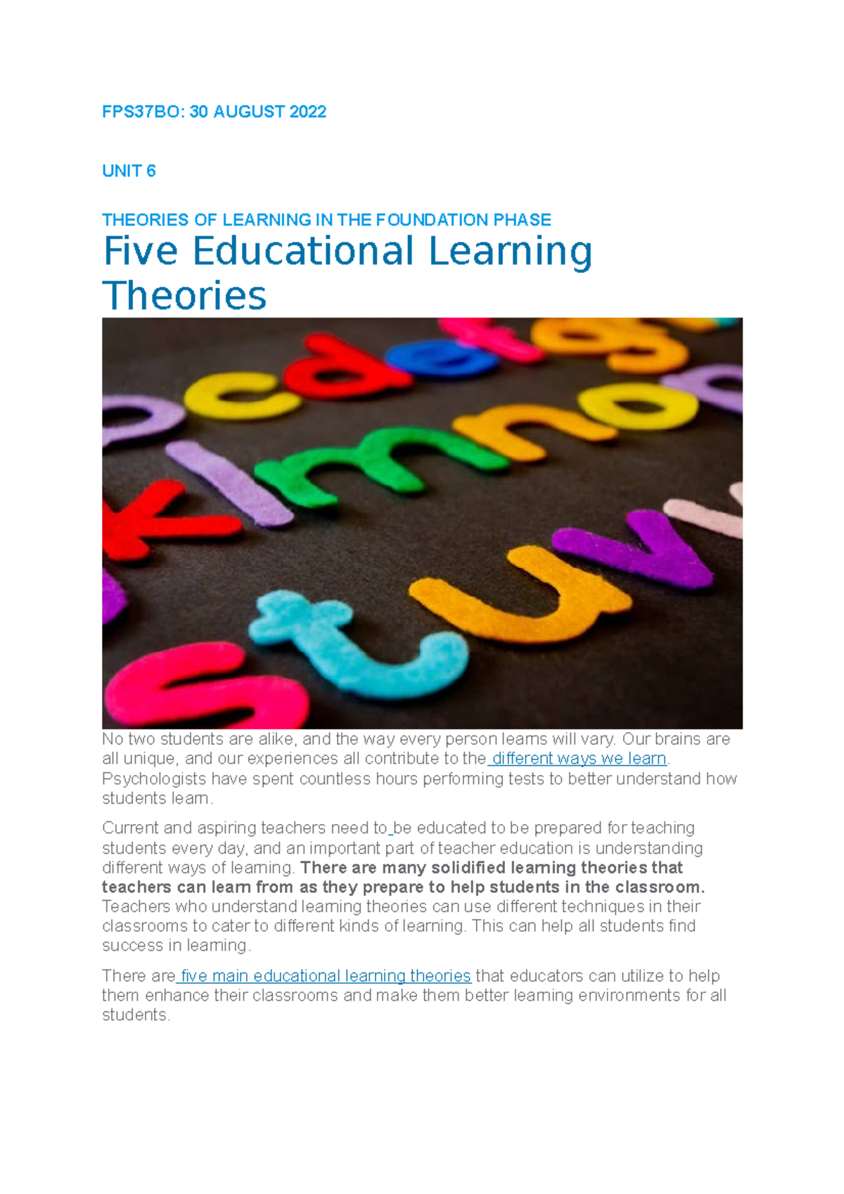 FPS37BO Unit 6: Understanding Theories of Learning in the Foundation ...