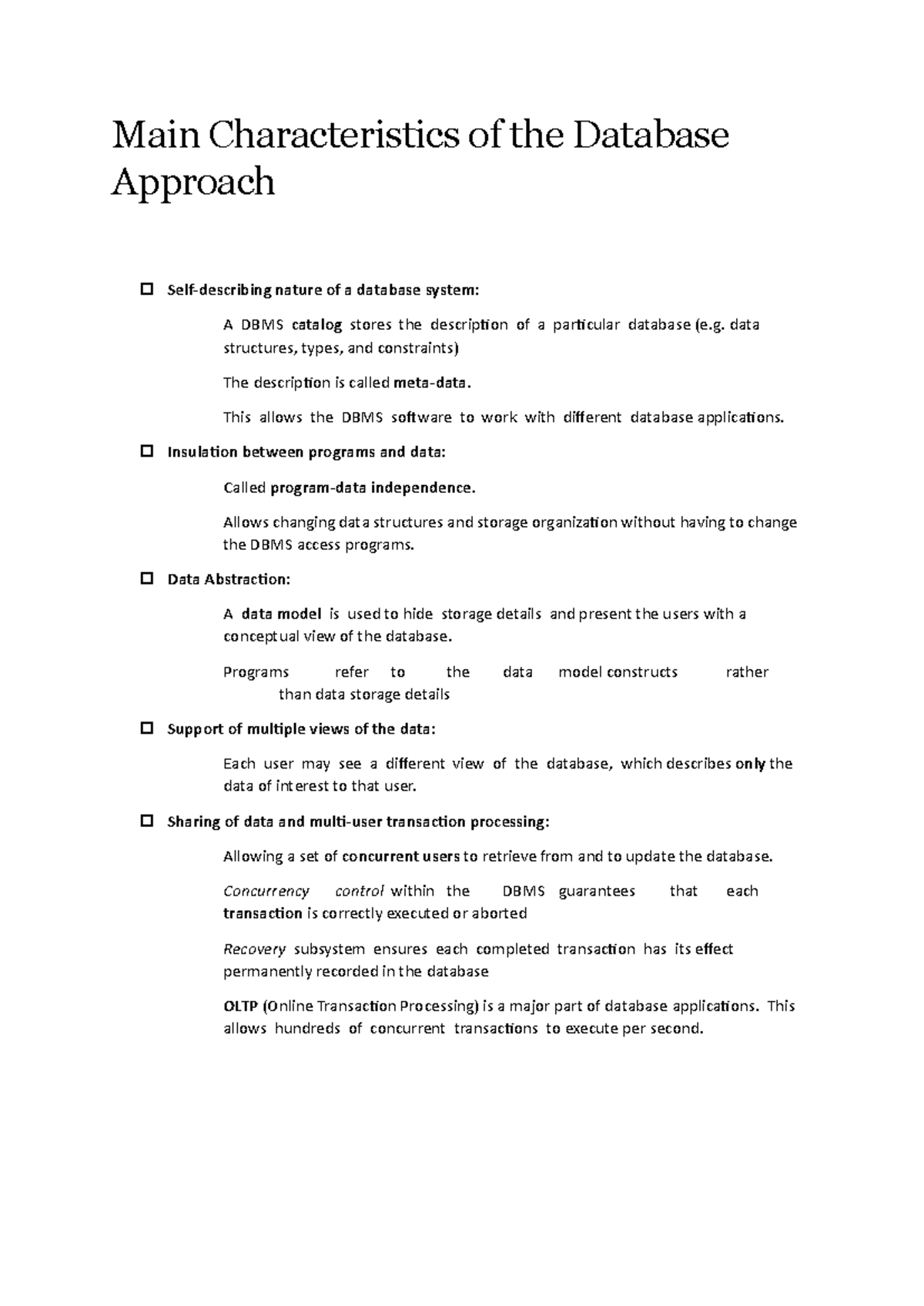 DBMS CAT1 Practice: Key Characteristics of Database Systems - Studocu