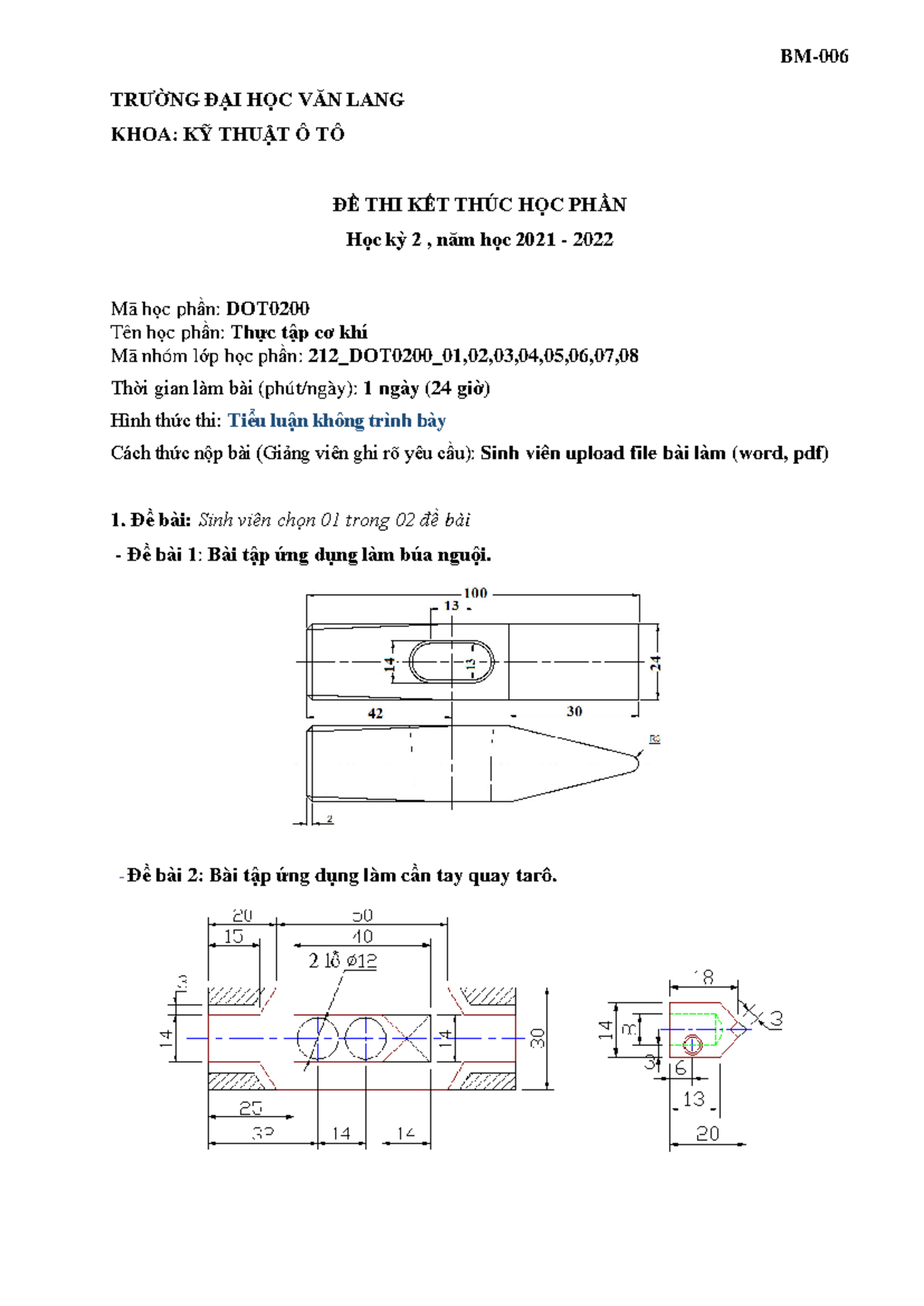 DOT0200 THUC TAP CO DIEN K25OT Tieul De 1 - BM- TR ̄àNG ĐẠI HÞC V N ...