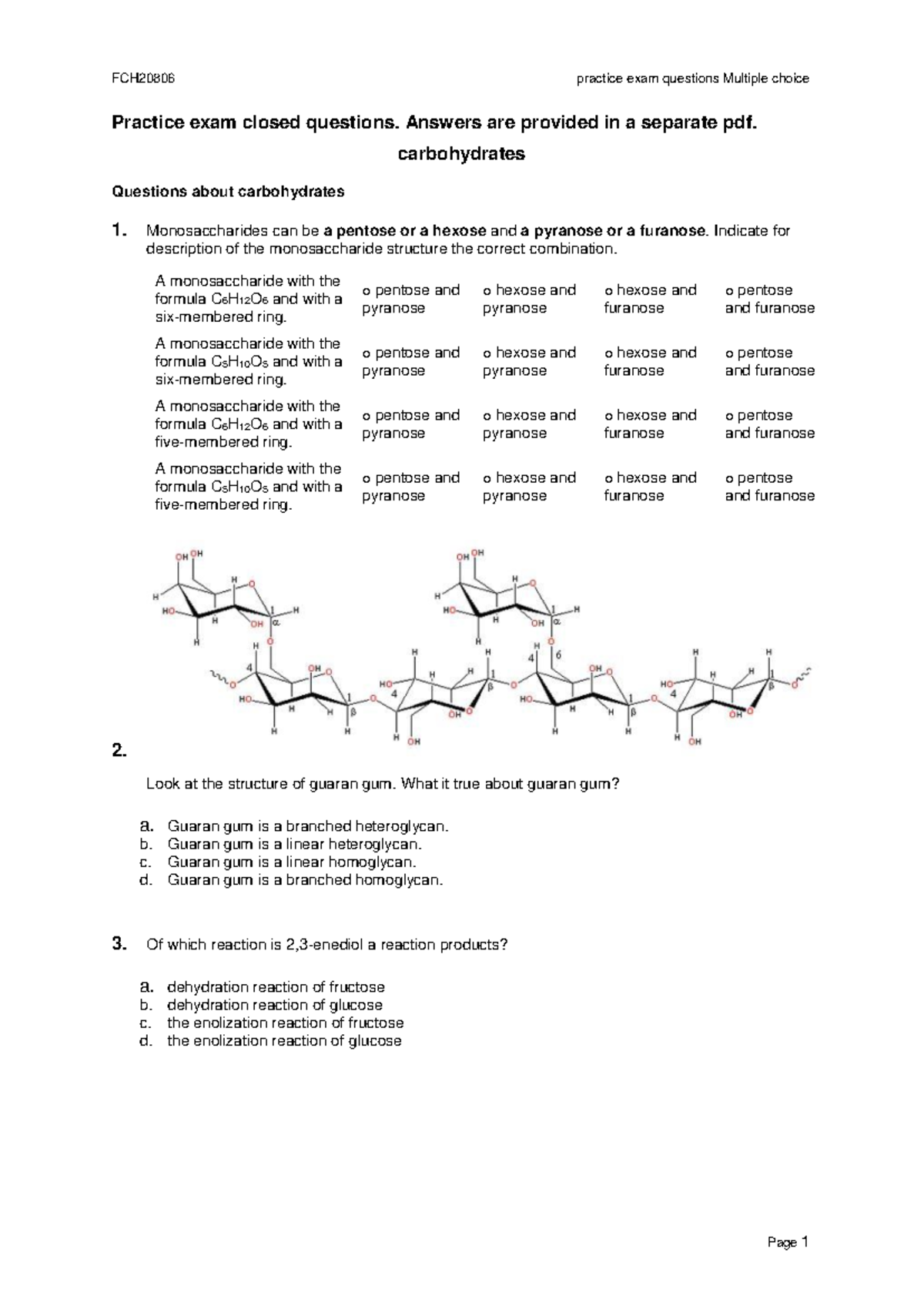 Practice Exam Questions on Carbohydrates, Lipids & Phenolic Compounds ...