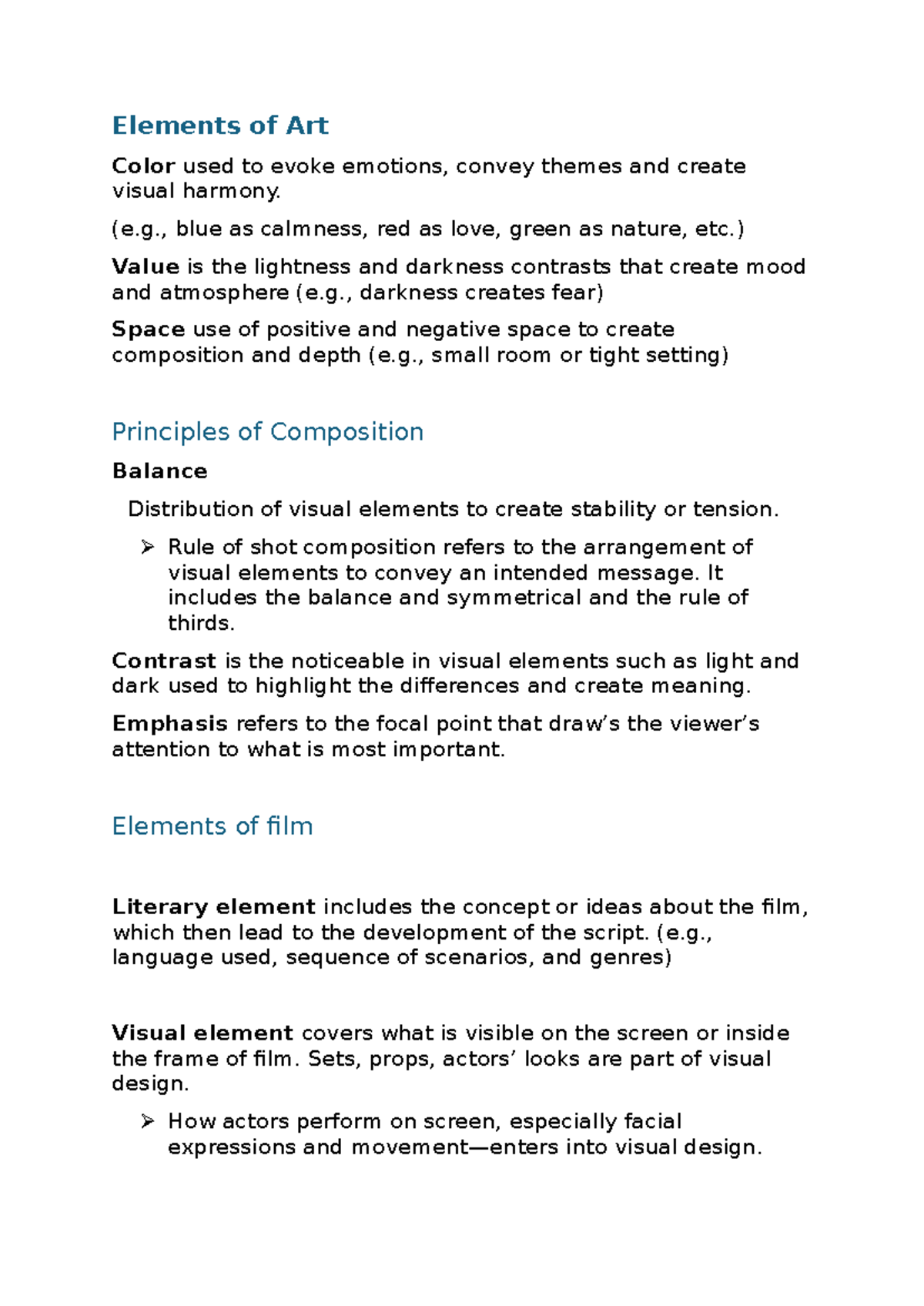 Elements of Art & Film: STAS Lecture Notes for Final Exam - Studocu
