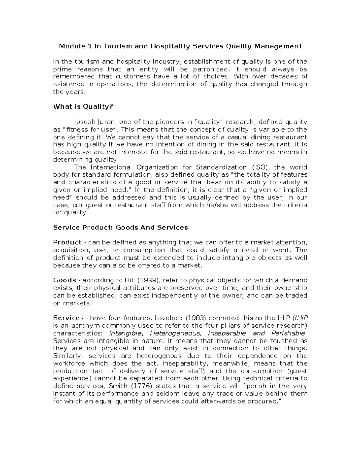 Module 1 in Tourism and Hospitality Services Quality Management - It ...