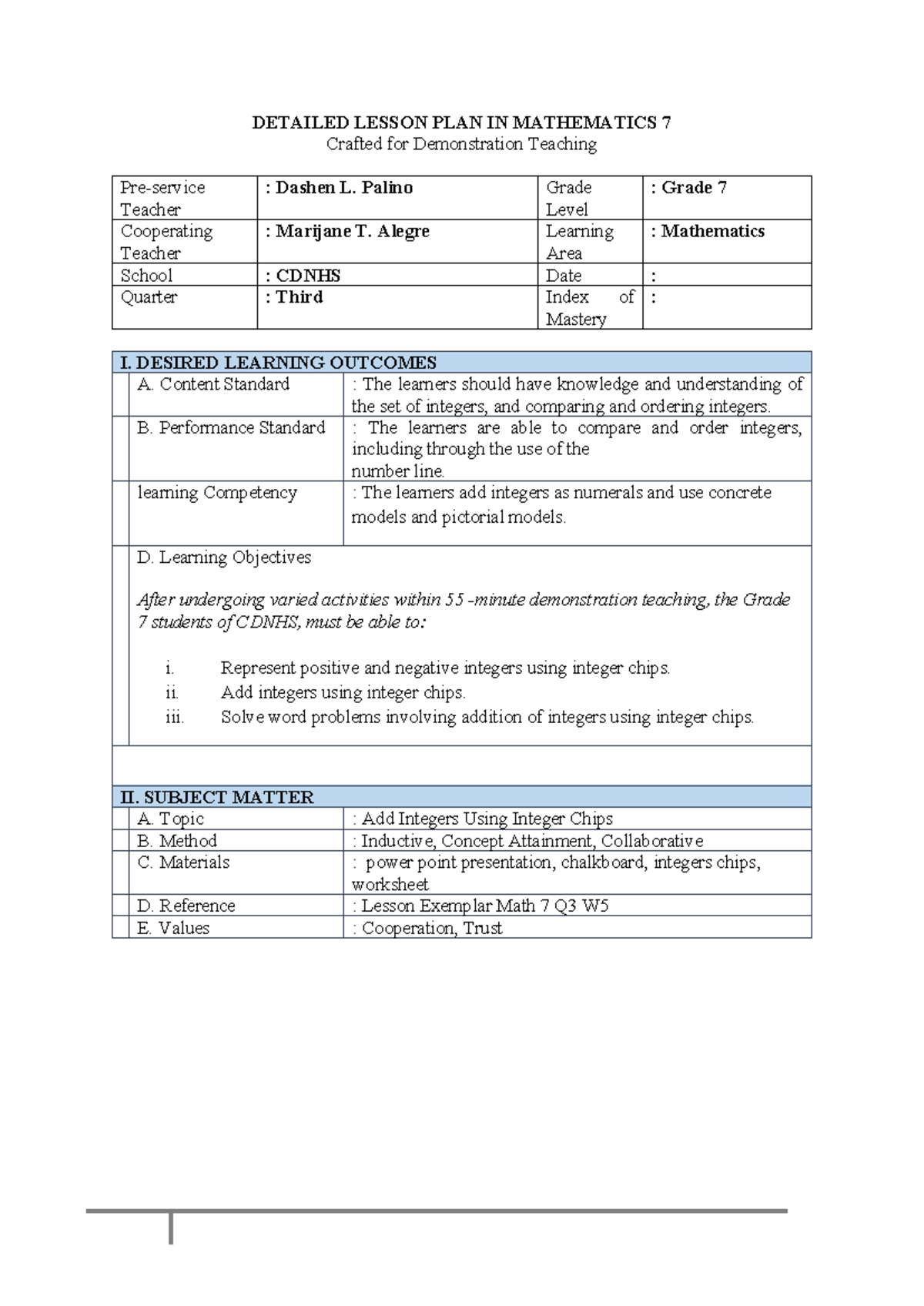 Mathematics 7 Lesson Plan: Adding Integers Using Chips - Studocu