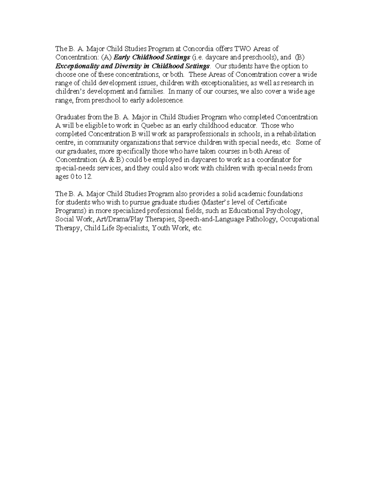 The Child Studies Career Path Overview (B.A. Major) - Revised 2024 ...