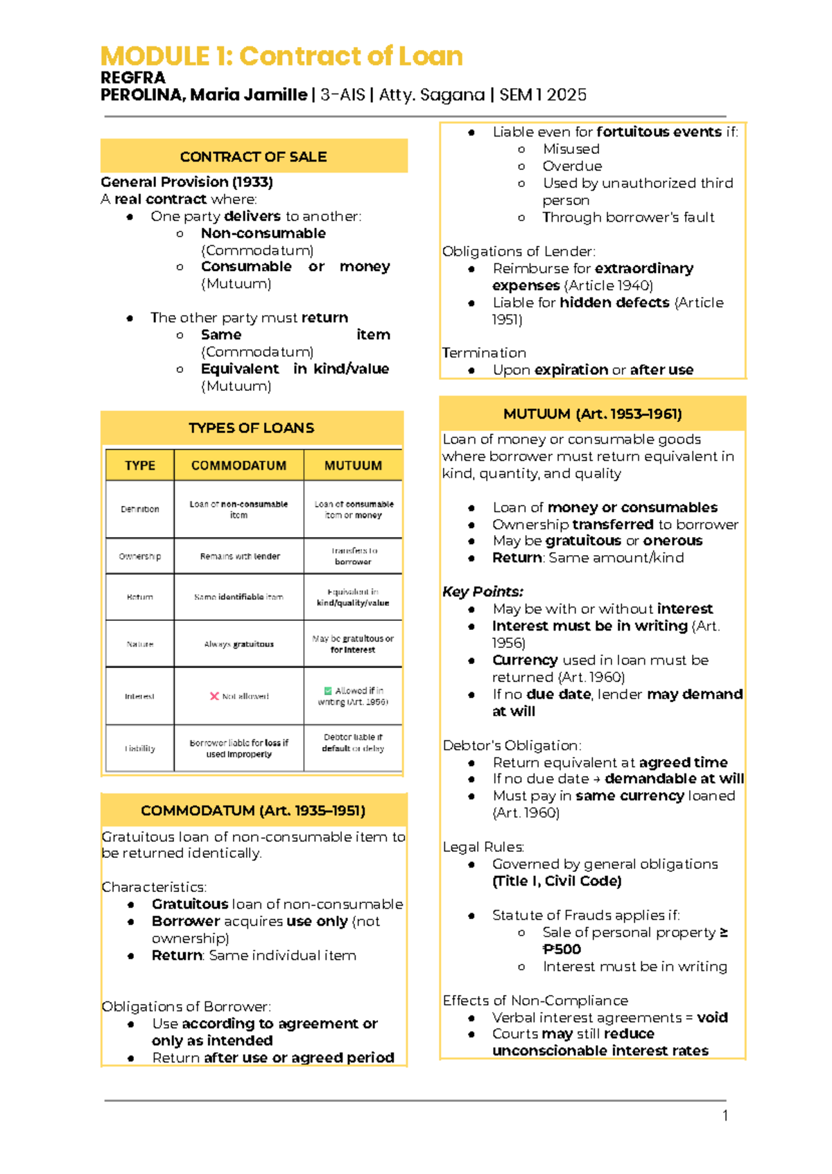 MODULE 1: Contract of Loan Summary - PEROLINA, Maria Jamille Atty ...