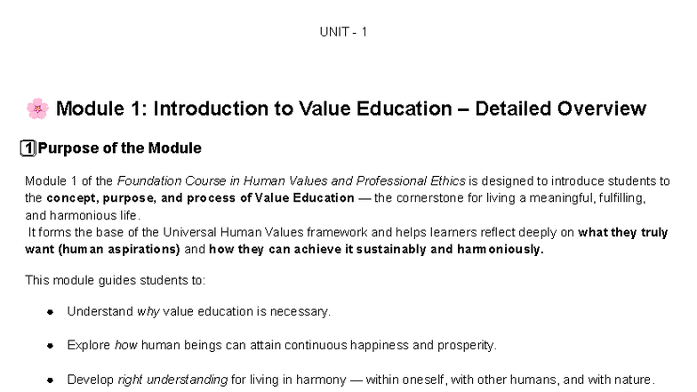UNIT 1: Introduction to Value Education - Overview & Key Concepts - Studocu