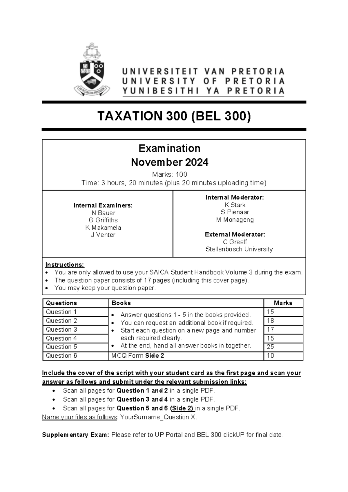 BEL 300 Taxation 300 Final Exam November 2024 Question Paper - Studocu