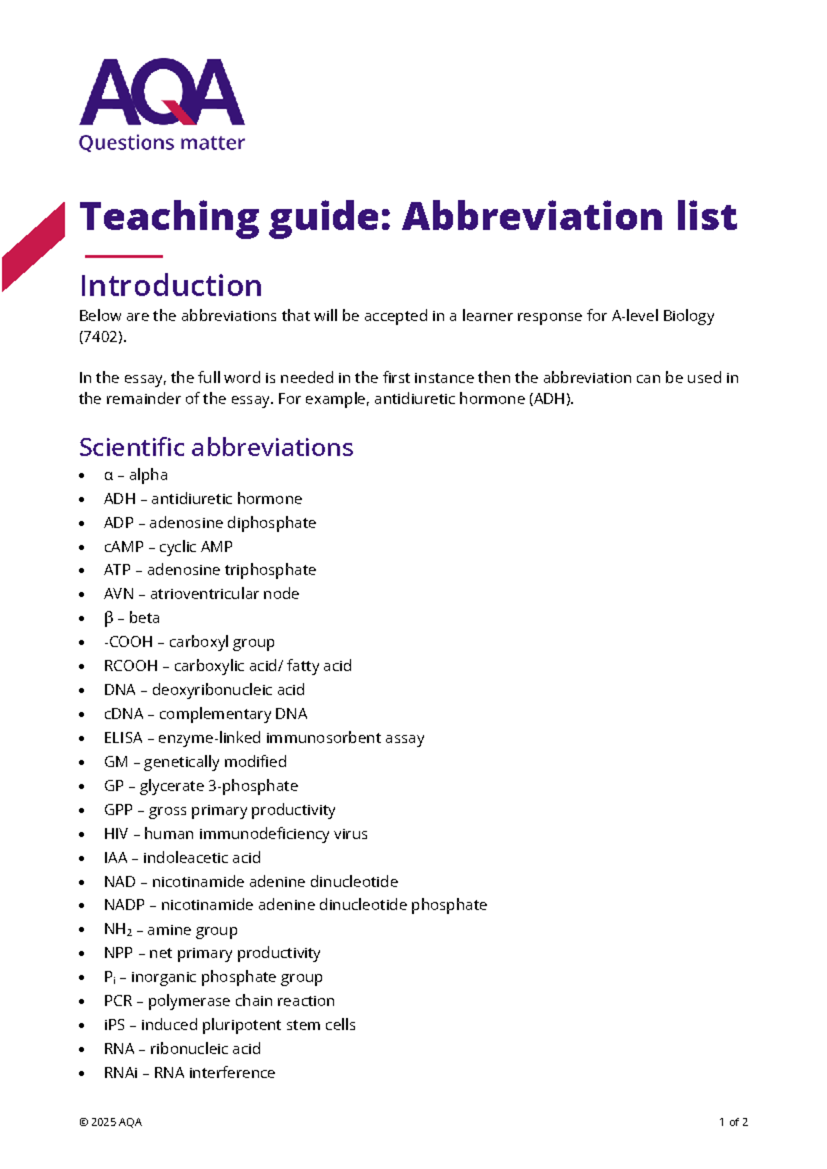AQA 7402 Teaching Guide: Accepted Abbreviations for Biology - Studocu
