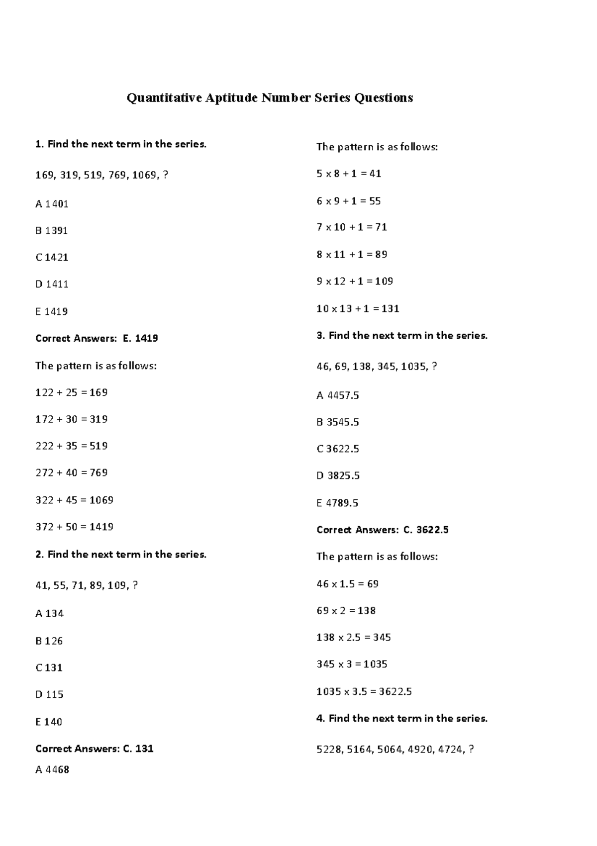50 Number Series Questions & Answers for Aptitude Test - Studocu