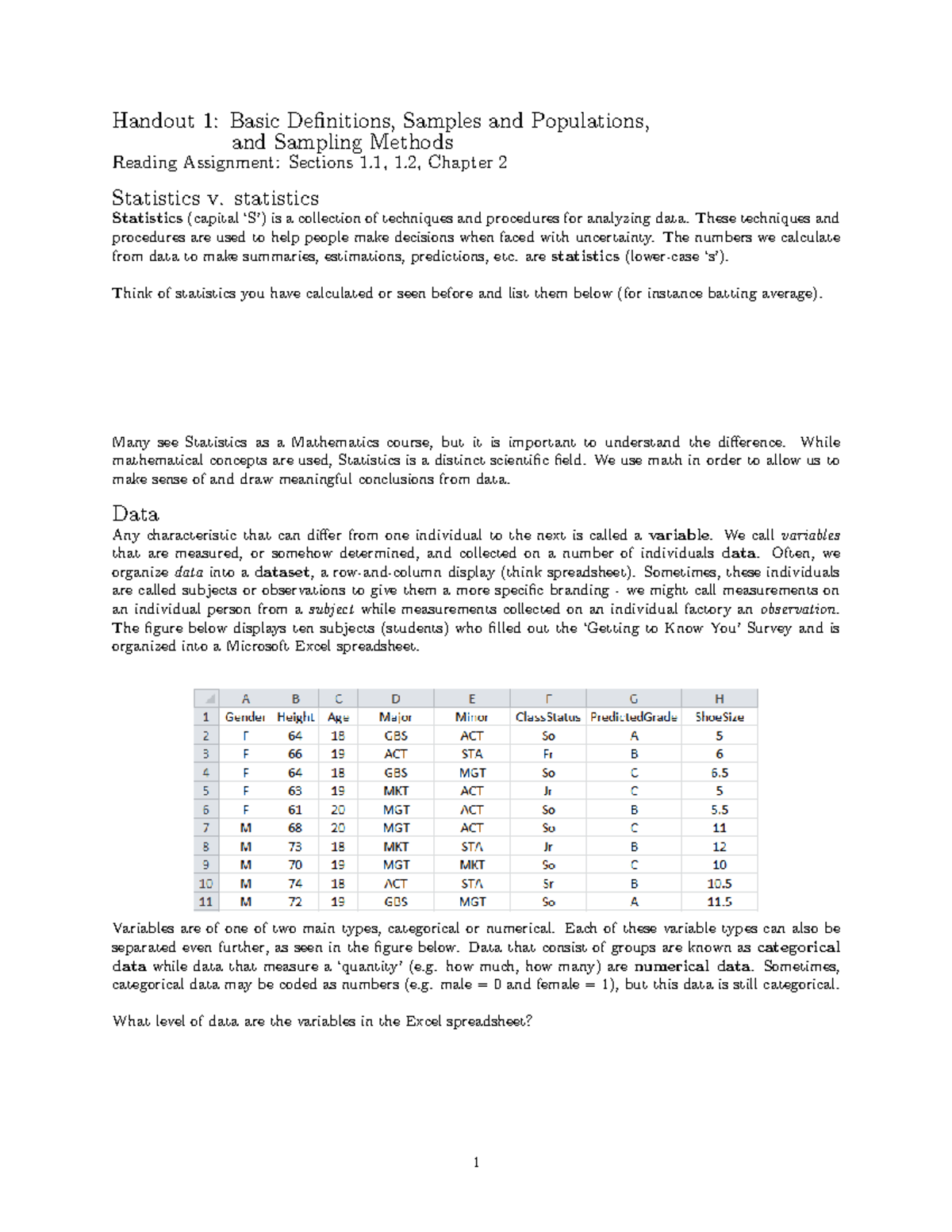 Stat 2160 notes 1 - handout: basic definitions, samples and populations ...
