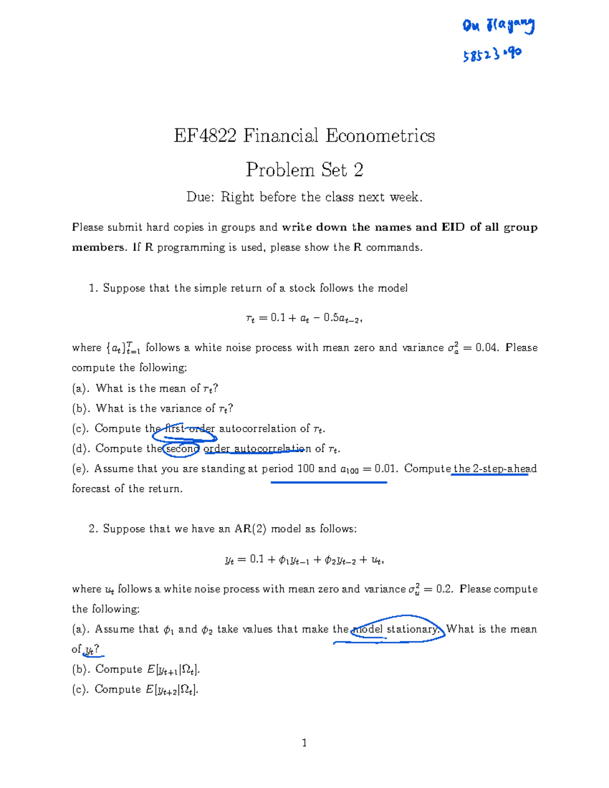 EF4822 Financial Econometrics Problem Set 2: R Programming Tasks - Studocu