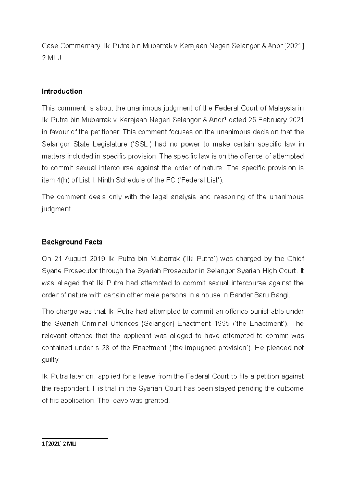 Case Commentary: Legal Analysis of Iki Putra v Kerajaan Negeri Selangor ...
