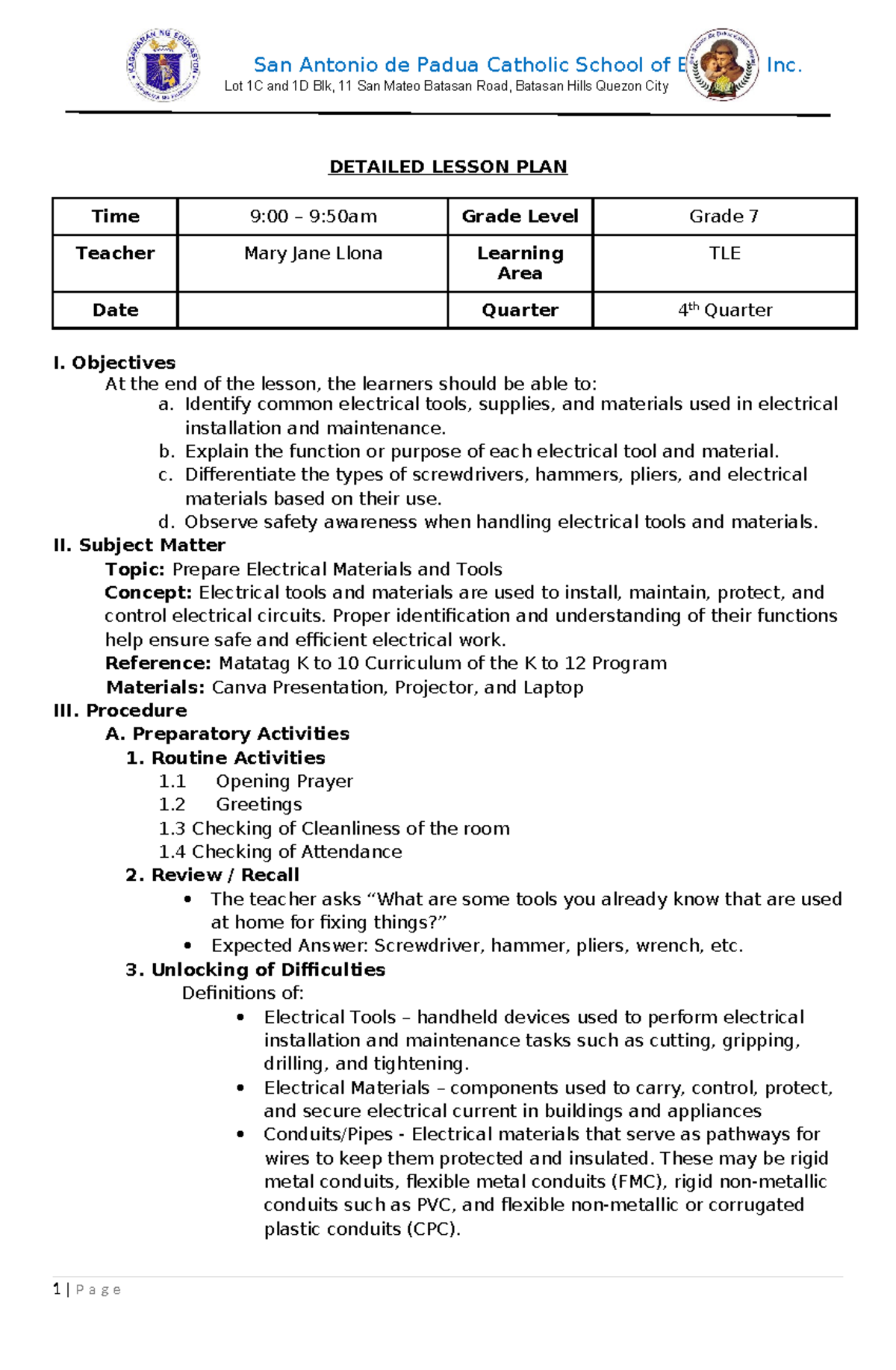 Detailed Lesson Plan: Electrical Tools & Materials (TLE Grade 7) - Studocu